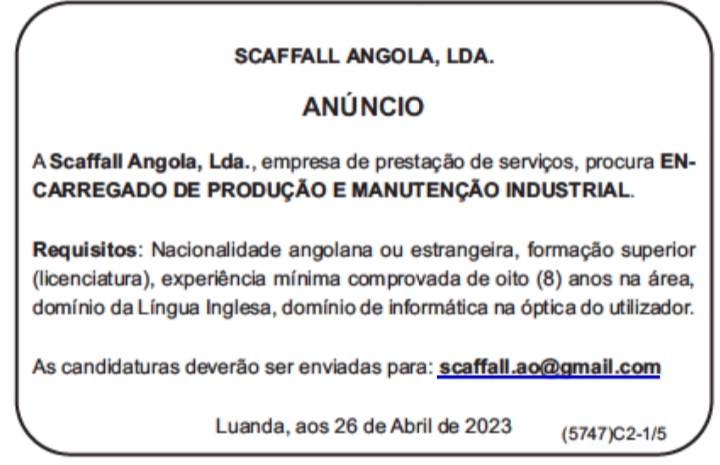 VAGA PARA ENCARREGADO DE PRODUÇÃO E MANUTENÇÃO INDUSTRIAL - Empregos Yoyota
